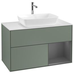 Villeroy & Boch Villeroy und Boch Finion Waschtischunterschrank G781GKGM 100cm, Abdeckplatte white matt, Emotion, Regale Anthracite matt lacquer, Olive Matt Lacquer