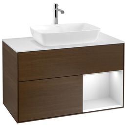 Villeroy & Boch Villeroy und Boch Finion Waschtischunterschrank G781MTGN 100cm, Abdeckplatte white matt, Emotion, Regale White matt lacquer, Walnut veneer