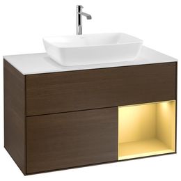 Villeroy & Boch Villeroy und Boch Finion Waschtischunterschrank G781HFGN 100cm, Abdeckplatte white matt, Emotion, Regale Gold matt lacquer, Walnut veneer