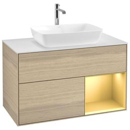 Villeroy & Boch Villeroy und Boch Finion Waschtischunterschrank G781HFPC 100cm, Abdeckplatte white matt, Emotion, Regale Gold matt lacquer, Oak Veneer