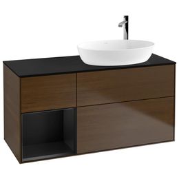 Villeroy & Boch Villeroy und Boch Finion Waschtischunterschrank F922PDGN 120cm, Abdeckplatte black matt, Regale Black matt lacquer, Walnut veneer