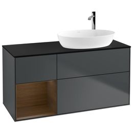 Villeroy & Boch Villeroy und Boch Finion Waschtischunterschrank F922GNHG 120cm, Abdeckplatte black matt, Regale Walnut Veneer, Midnight Blue Matt Lacquer