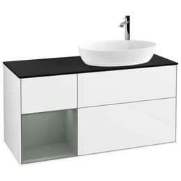 Villeroy & Boch Villeroy und Boch Finion Waschtischunterschrank F922GMGF 120cm, Abdeckplatte black matt, Regale Olive matt lacquer, Glossy white lacquer
