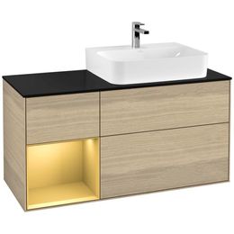 Villeroy & Boch Villeroy und Boch Finion Waschtischunterschrank F142HFPC 120cm, Abdeckplatte Glass Black Matt, Regal links Gold matt, Oak Veneer