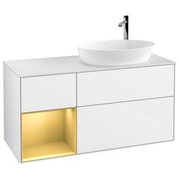 Villeroy & Boch Villeroy und Boch Finion Waschtischunterschrank F921HFGF 120cm, Abdeckplatte white matt, Regale Gold matt lacquer, Glossy white lacquer