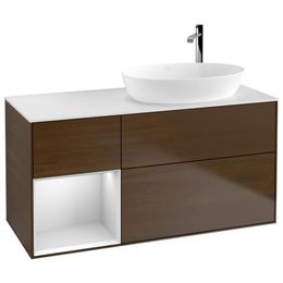 Villeroy & Boch Villeroy und Boch Finion Waschtischunterschrank F921MTGN 120cm, Abdeckplatte white matt, Regale White matt lacquer, Walnut veneer
