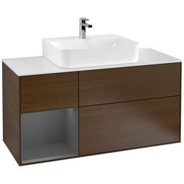Villeroy & Boch Villeroy und Boch Finion Waschtischunterschrank F161GKGN 120cm, Abdeckplatte white matt, Regal links Anthracite matt, Walnut veneer