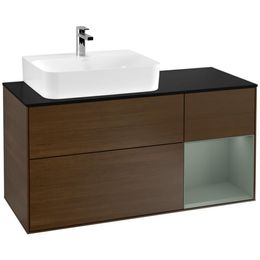 Villeroy & Boch Villeroy und Boch Finion Waschtischunterschrank G152GMGN 120cm, Abdeckplatte black matt, Emotion, Regal links Olive Matt Lacquer, Walnut veneer