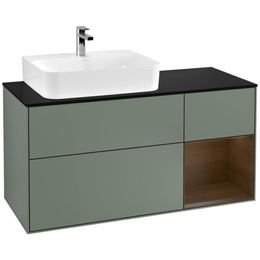 Villeroy & Boch Villeroy und Boch Finion Waschtischunterschrank F152GNGM 120cm, Abdeckplatte black matt, Regal rechts Walnut veneer, Olive Matt Lacquer