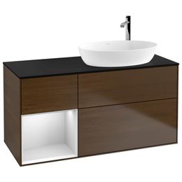 Villeroy & Boch Villeroy und Boch Finion Waschtischunterschrank G922MTGN 120cm, Abdeckplatte black matt, Emotion, Regale White matt lacquer, Walnut veneer