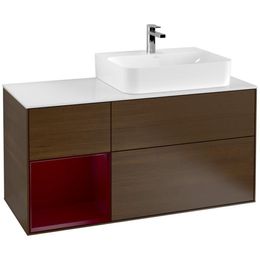 Villeroy & Boch Villeroy und Boch Finion Waschtischunterschrank G141HBGN 120cm, Abdeckplatte white matt, Emotion, Regal links Peony, Walnut veneer