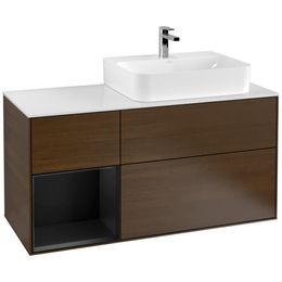 Villeroy & Boch Villeroy und Boch Finion Waschtischunterschrank F141PDGN 120cm, Abdeckplatte glass white Matt, Regal links Black matt lacquer, Walnut veneer