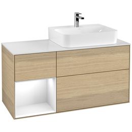Villeroy & Boch Villeroy und Boch Finion Waschtischunterschrank F141GFPC 120cm, Abdeckplatte glass white Matt, Regal links Glossy white lacquer, Oak Veneer