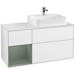 Villeroy & Boch Villeroy und Boch Finion Waschtischunterschrank F141GMGF 120cm, Abdeckplatte glass white Matt, Regal links Olive Matt Lacquer, Glossy white lacquer