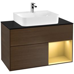 Villeroy & Boch Villeroy und Boch Finion Waschtischunterschrank G122HFGN 100cm, Abdeckplatte black matt, Emotion, Regal rechts Gold matt, Walnut veneer