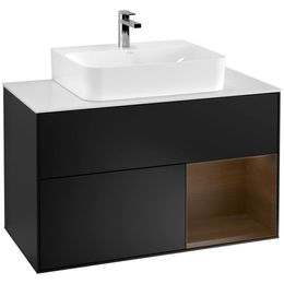 Villeroy & Boch Villeroy und Boch Finion Waschtischunterschrank F121GNPD 100cm, Abdeckplatte wei&szlig; matt, Regal rechts Walnut veneer, Black matt lacquer