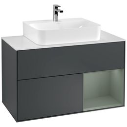 Villeroy & Boch Villeroy und Boch Finion Waschtischunterschrank F121GMHG 100cm, Abdeckplatte wei&szlig; matt, Regal rechts Olive Matt Lacquer, Midnight Blue Matt Lacquer