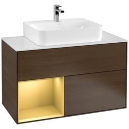 Villeroy & Boch Villeroy und Boch Finion Waschtischunterschrank G111HFGN 100cm, Abdeckplatte white matt, Emotion, Regal links Gold matt, Walnut veneer