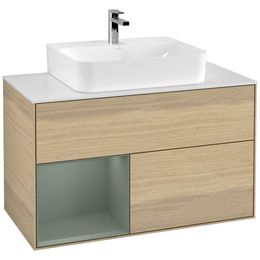 Villeroy & Boch Villeroy und Boch Finion Waschtischunterschrank G111GMPC 100cm, Abdeckplatte white matt, Emotion, Regal links Olive Matt Lacquer, Oak Veneer