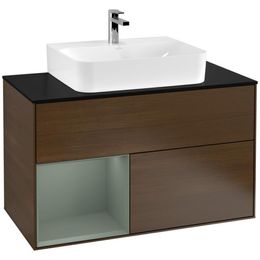 Villeroy & Boch Villeroy und Boch Finion Waschtischunterschrank F112GMGN 100cm, Abdeckplatte white matt, Regal links Olive Matt Lacquer, Walnut veneer