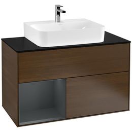 Villeroy & Boch Villeroy und Boch Finion Waschtischunterschrank F112HGGN 100cm, Abdeckplatte white matt, Regal links Midnight Blue Matt Lacquer, Walnut veneer