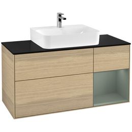 Villeroy & Boch Villeroy und Boch Finion Waschtischunterschrank F172GMPC 120cm, Abdeckplatte black matt, Regal rechts Olive Matt Lacquer, Oak Veneer