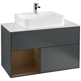 Villeroy & Boch Villeroy und Boch Finion Waschtischunterschrank F111GNHG 100cm, Abdeckplatte black matt, Regal links Walnut veneer, Midnight Blue Matt Lacquer