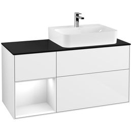 Villeroy & Boch Villeroy und Boch Finion Waschtischunterschrank F142GFGF 120cm, Abdeckplatte Glass Black Matt, Regal links Glossy white lacquer, Glossy white lacquer