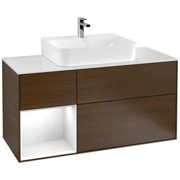 Villeroy & Boch Villeroy und Boch Finion Waschtischunterschrank F161GFGN 120cm, Abdeckplatte white matt, Regal links Glossy white lacquer, Walnut veneer