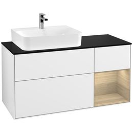 Villeroy & Boch Villeroy und Boch Finion Waschtischunterschrank F152PCGF 120cm, Abdeckplatte black matt, Regal rechts Oak Veneer, Glossy white lacquer