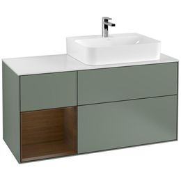 Villeroy & Boch Villeroy und Boch Finion Waschtischunterschrank F141GNGM 120cm, Abdeckplatte glass white Matt, Regal links Walnut veneer, Olive Matt Lacquer