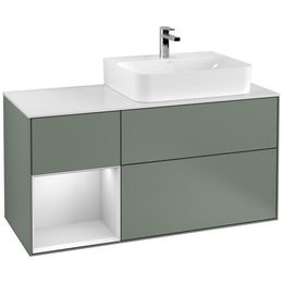Villeroy & Boch Villeroy und Boch Finion Waschtischunterschrank F141MTGM 120cm, Abdeckplatte glass white Matt, Regal links White matt lacquer, Olive Matt Lacquer