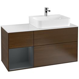 Villeroy & Boch Villeroy und Boch Finion Waschtischunterschrank F141HGGN 120cm, Abdeckplatte glass white Matt, Regal links Midnight Blue Matt Lacquer, Walnut veneer