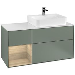 Villeroy & Boch Villeroy und Boch Finion Waschtischunterschrank F141PCGM 120cm, Abdeckplatte glass white Matt, Regal links Oak Veneer, Olive Matt Lacquer