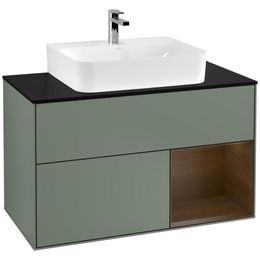 Villeroy & Boch Villeroy und Boch Finion Waschtischunterschrank G122GNGM 100cm, Abdeckplatte black matt, Emotion, Regal rechts Walnut veneer, Olive Matt Lacquer