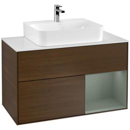 Villeroy & Boch Villeroy und Boch Finion Waschtischunterschrank G121GMGN 100cm, Abdeckplatte white matt, Emotion, Regal rechts Olive Matt Lacquer, Walnut veneer