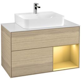 Villeroy & Boch Villeroy und Boch Finion Waschtischunterschrank F121HFPC 100cm, Abdeckplatte wei&szlig; matt, Regal rechts Gold matt, Oak Veneer