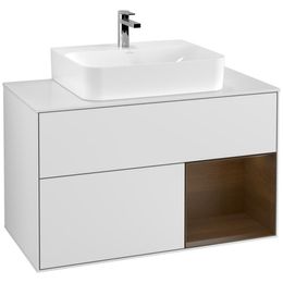 Villeroy & Boch Villeroy und Boch Finion Waschtischunterschrank F121GNMT 100cm, Abdeckplatte wei&szlig; matt, Regal rechts Walnut veneer, White matt lacquer