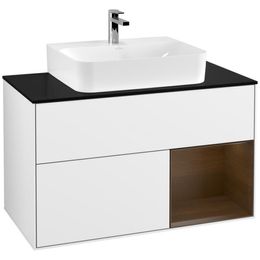 Villeroy & Boch Villeroy und Boch Finion Waschtischunterschrank F122GNGF 100cm, Abdeckplatte black matt, Regal rechts Walnut veneer, Glossy white lacquer