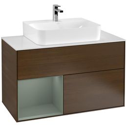 Villeroy & Boch Villeroy und Boch Finion Waschtischunterschrank G111GMGN 100cm, Abdeckplatte white matt, Emotion, Regal links Olive Matt Lacquer, Walnut veneer