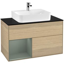 Villeroy & Boch Villeroy und Boch Finion Waschtischunterschrank G112GMPC 100cm, Abdeckplatte black matt, Emotion, Regal links Olive Matt Lacquer, Oak Veneer