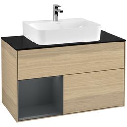 Villeroy & Boch Villeroy und Boch Finion Waschtischunterschrank G112HGPC 100cm, Abdeckplatte black matt, Emotion, Regal links Midnight Blue Matt Lacquer, Oak Veneer