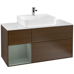 Villeroy & Boch Villeroy und Boch Finion Waschtischunterschrank G161GMGN 120cm, Abdeckplatte white matt, Emotion, Regal links Olive Matt Lacquer, Walnut veneer