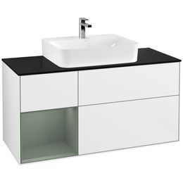 Villeroy & Boch Villeroy und Boch Finion Waschtischunterschrank G162GMGF 120cm, Abdeckplatte black matt, Emotion, Regal links Olive Matt Lacquer, Glossy white lacquer