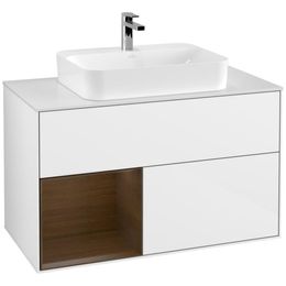 Villeroy & Boch Villeroy und Boch Finion Waschtischunterschrank G361GNGF 100cm, Abdeckplatte white matt, Emotion, Regal links Walnut veneer, Glossy white lacquer