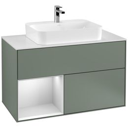 Villeroy & Boch Villeroy und Boch Finion Waschtischunterschrank G361MTGM 100cm, Abdeckplatte white matt, Emotion, Regal links White matt lacquer, Olive Matt Lacquer