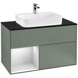 Villeroy & Boch Villeroy und Boch Finion Waschtischunterschrank F362MTGM 100cm, Abdeckplatte black matt, Regal links White matt lacquer, Olive Matt Lacquer