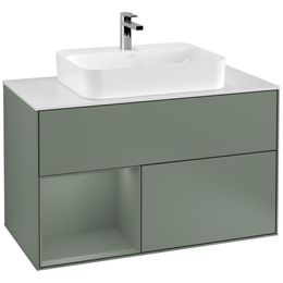 Villeroy & Boch Villeroy und Boch Finion Waschtischunterschrank F361GMGM 100cm, Abdeckplatte white matt, Regal links Olive Matt Lacquer, Olive Matt Lacquer