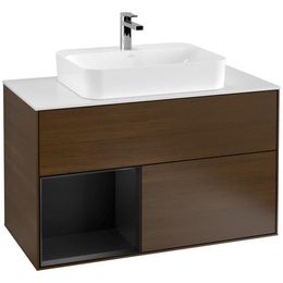 Villeroy & Boch Villeroy und Boch Finion Waschtischunterschrank F361PDGN 100cm, Abdeckplatte white matt, Regal links Black matt lacquer, Walnut veneer