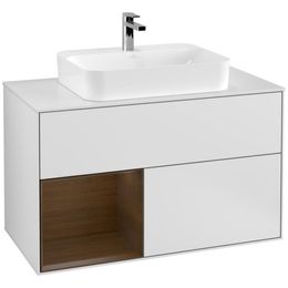 Villeroy & Boch Villeroy und Boch Finion Waschtischunterschrank F361GNMT 100cm, Abdeckplatte white matt, Regal links Walnut veneer, White matt lacquer
